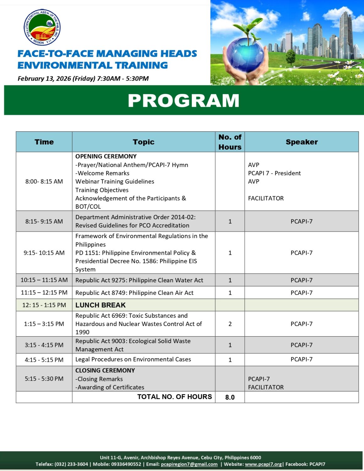 FACE-TO-FACE 8-Hour Managing Head Environmental Training - PCAPI 7
